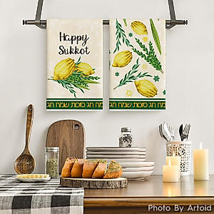 Artoid Mode Lemons Happy Sukkot Kitchen Towels Dish Towels, 18x26 Inch Hebrew Etrog Lulav Decoration Hand Towels Set of 2