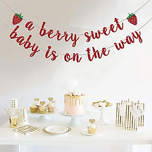 A Berry Sweet Baby is On The Way Banner, Strawberry Girl Baby Shower Party Decorations, Berry Sweet Fruits Themed Kids' First Birthday Party Supplies Red Green Glitter