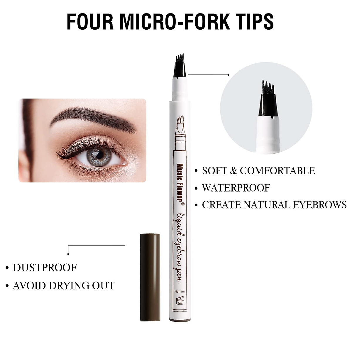 Music Flower Eyebrow Pencil, Liquid Eyebrow Pen, Waterproof Brow Pen with Micro-Fork Tip, Smudgeproof Long Lasting Fine Sketch Microblading Pen, Chestnut