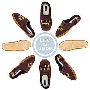 Life is Good Men's Open Back Fleece Slipper, 303593M - Suede & Fleece Indoor/Outdoor Plush & Cozy with Soft Foam & Rubber Sole Slippers, Dark Brown - Positive State, 10