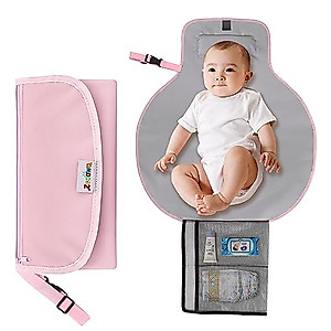 Zooawa Baby Diaper Changing Pad, Lightweight Waterproof Christmas Travel Diaper Clutch for Newborn Boy & Girl, Diaper Changing Mat Station with Mesh Pockets, for Toddler Travel Changing Station, Pink