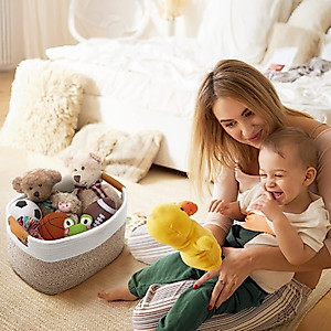 LOVSTORAGE Cotton Rope Basket for Storage, Set of 3 Storage Baskets for Organizing with Handles Woven Laundry Basket in Living Laundry Room for Blankets Toys Throws Pillows Towels 15x10x9" White/Brown