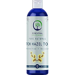 Essential Living: Witch Hazel Toner - Pure and Unscented - 12 oz. Natural Botanical Facial Skin Care Product for Acne and Blemishes - Helps Balance Skin pH - Fights Skin Inflammation - Made in the USA