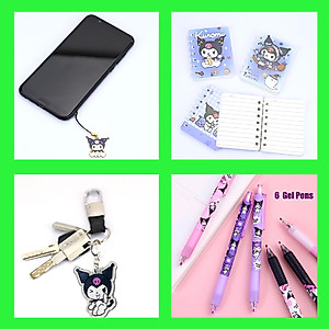 Cute Kuromi School Supplies Set Kawaii Office Supplies Gift Set Including Gel Ink Roller Pens Booklet Pencil Case ID Badge Stickers Button Pins Key Chain Phone Chain Phone Ring Holder
