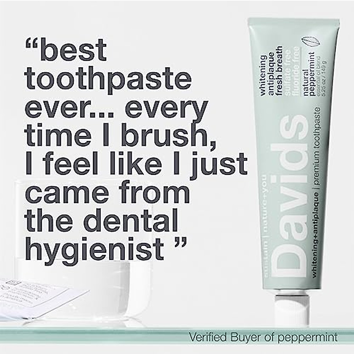 Davids Natural Toothpaste for Teeth Whitening, Peppermint, Antiplaque, Flouride Free, SLS Free, EWG Verified, Toothpaste Squeezer Included, Recycable Metal Tube, 5.25oz