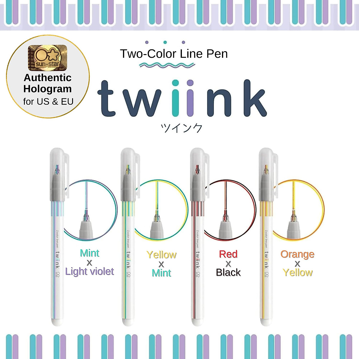 SUN-STAR Two Color Line Pen Twiink,C Set, Different 4 Colors Pattern Set, Water-Based Paint Pen, (Mint x Light Violet, Yellow x Mint, Red x Black, Orange x Yellow)