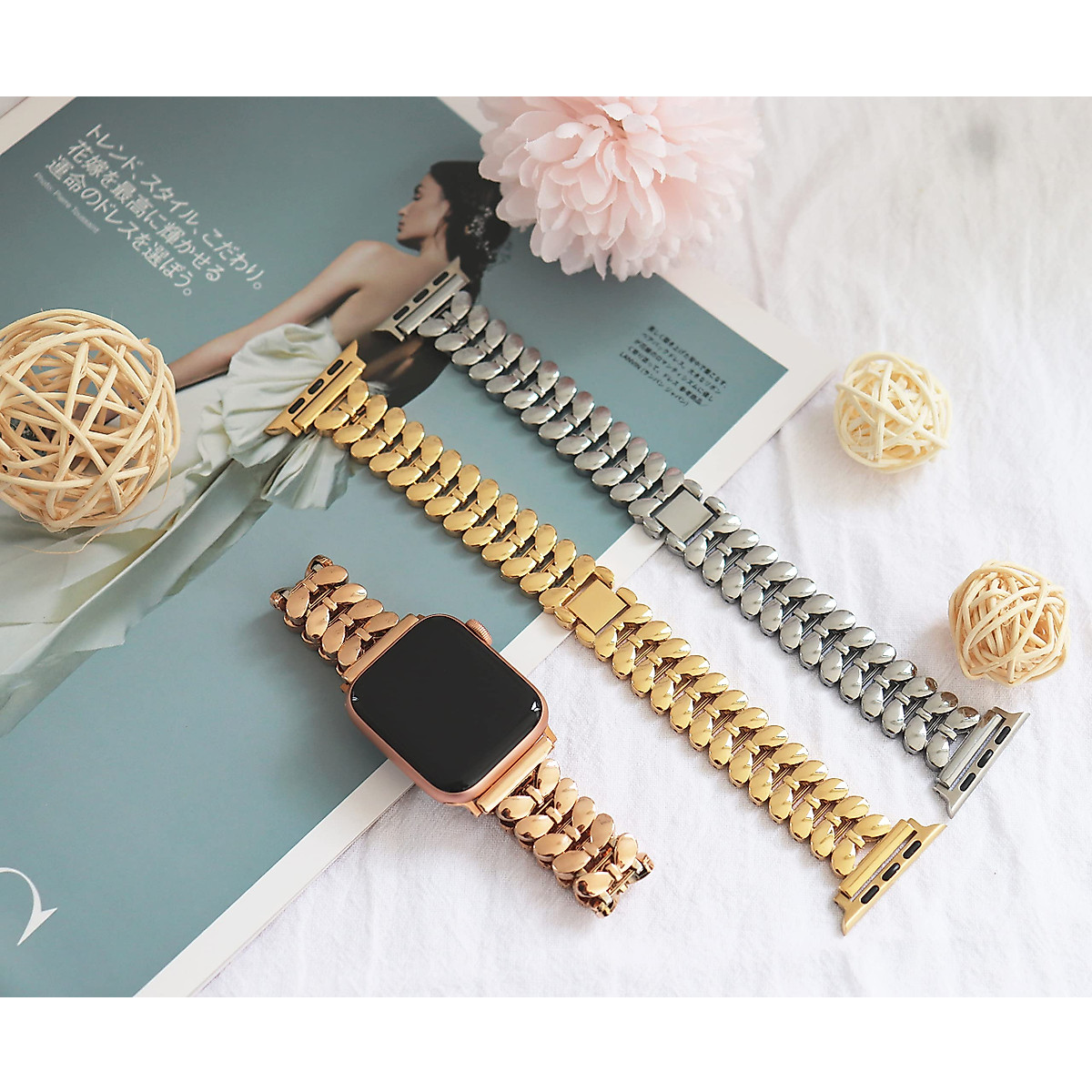 Kolgios 42/44/45/46mm Gold Women Stylish Smartwatch Band Compatible for Apple Watch Band Series 10/9/7/8/6/5/SE Charm Adjustable Bracelet For New Iwatch 10/9 Girl's Gift