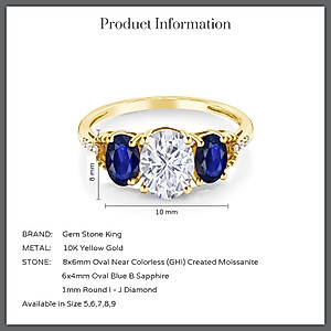 10K Yellow Gold 3-Stone Ring Forever Brilliant Oval 5.19cttw Moissanite by Charles & Colvard and Sapphire (Size 8)