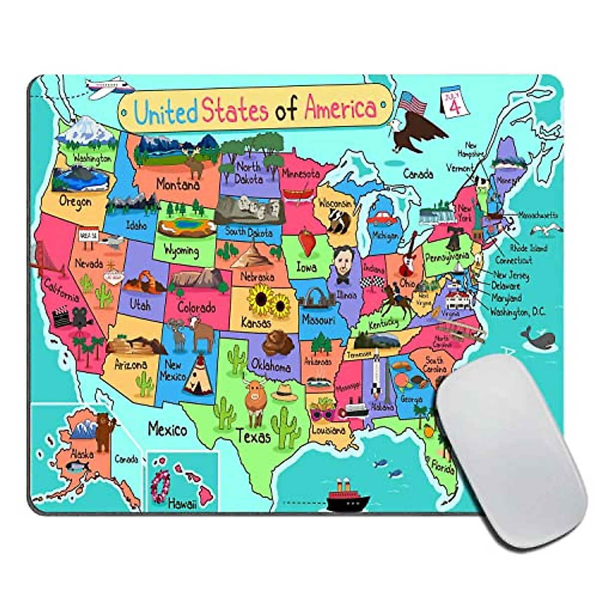 Map of The United States Mouse Pad, Cartoon Fun Facts Geography USA Map Mouse Pad Mouse Mat Square Mouse Pad Non Slip Rubber Base MousePads for Office Laptop, 9.5"x7.9"x0.12" Inch