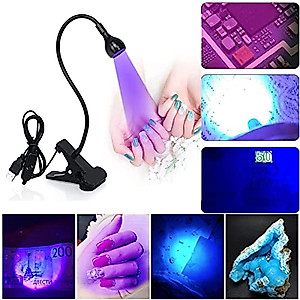 UV LED Light Fixtures with Gooseneck and Clamp Mini Desk Light Clamp Portable Gooseneck for Outdoor Stall Gel Nail Curing, 5V USB Input (Black,Round Head)