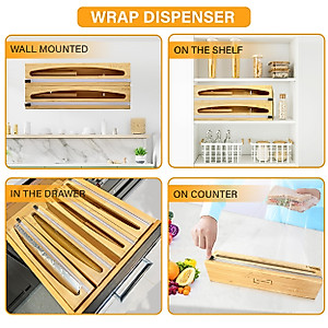 NovaNest Wrap Organizer Dispenser with Cutter, (2 Piece Set), Fits 12" Rolls, Plastic Wrap, Aluminum Foil, Wax Paper, Saran Wrap, Cling Wrap Holder for Kitchen Storage, Mountable, Bamboo