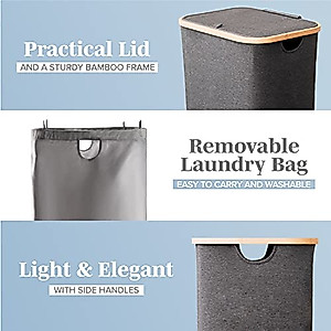 Lonbet - Grey Laundry Hamper with Lid - XL 100 L - Large Hampers for Laundry with Handles - Laundry Baskets with Lid for Bedrooms - Bamboo Bathroom Tall Laundry Bin