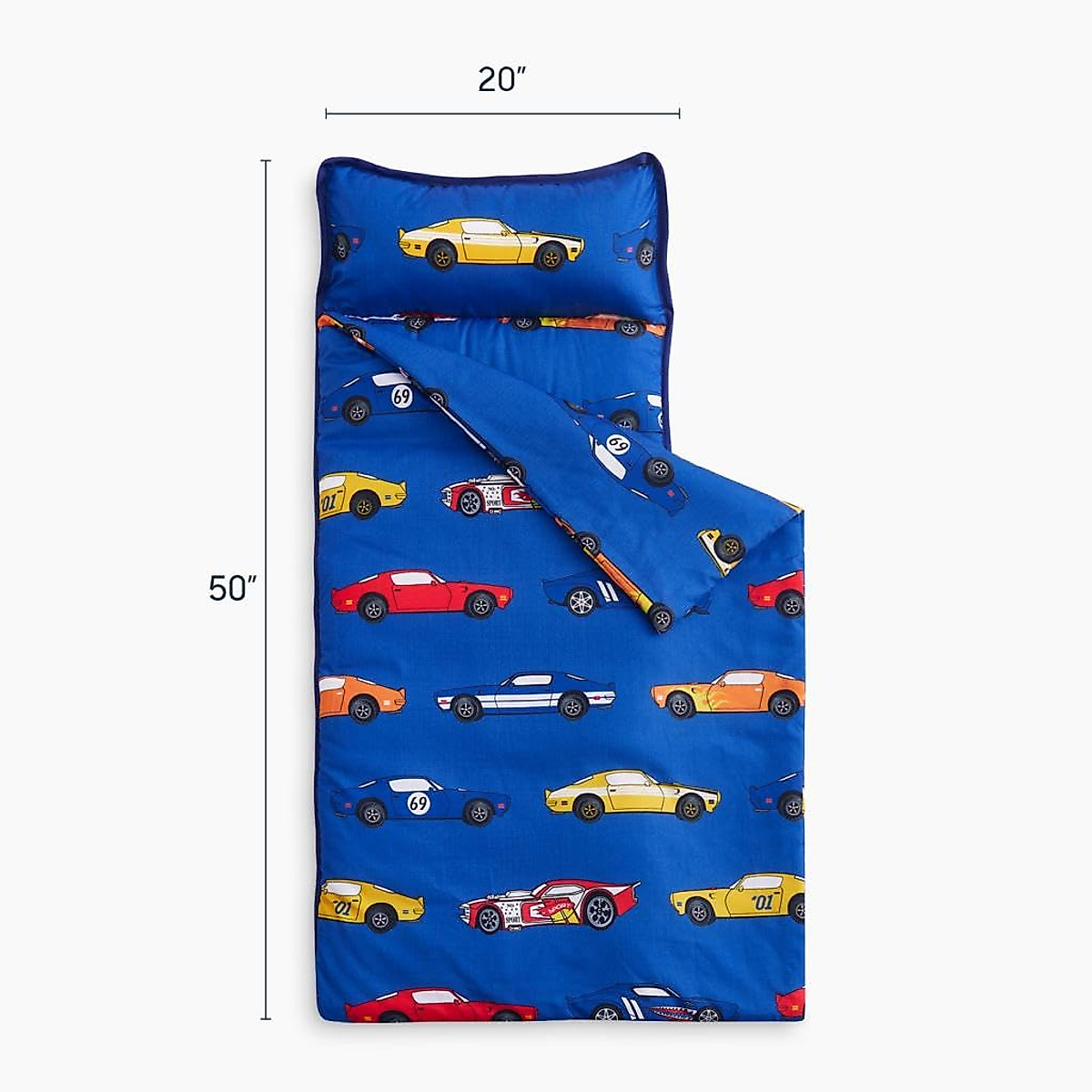 Wake In Cloud - Nap Mat with Removable Pillow for Kids Toddler Boys Girls Daycare Preschool Kindergarten Sleeping Bag, Sports Race Cars Supercars on Blue, 100% Soft Microfiber