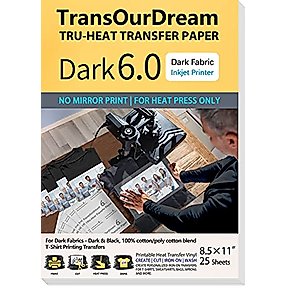 TransOurDream Iron on Heat Transfer Paper for Heat Press (25 Sheets, 8.5x11", Dark 6.0) Printable HTV Heat Transfer Vinyl for T Shirts Iron on Transfers for Inkjet Printer (TRANS-D6-20)