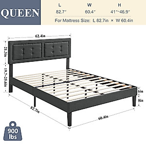 VECELO Queen Size Bed Frame with Adjustable Headboard, Upholstered Button Tufted Platform Bedframe with Wood Slats Support, No Box Spring Needed, Grey