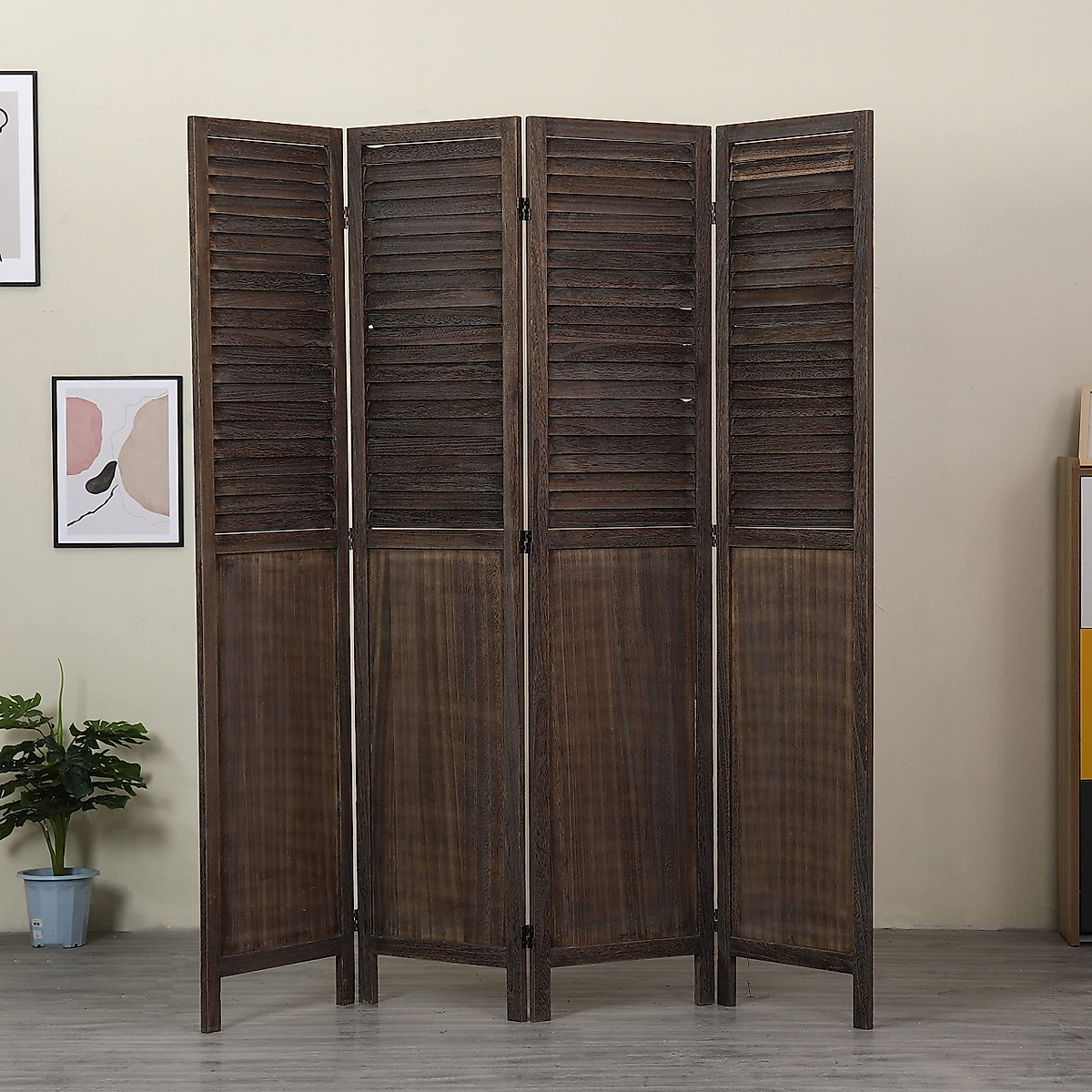 Antique Brown 4-Panels Room Divider w/ Window Shutter Style