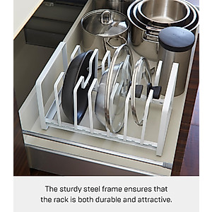YAMAZAKI Home Tower Under Sink Pot Lids And Frying Pan Storage Kitchen Drawer Organizer Rack - Steel