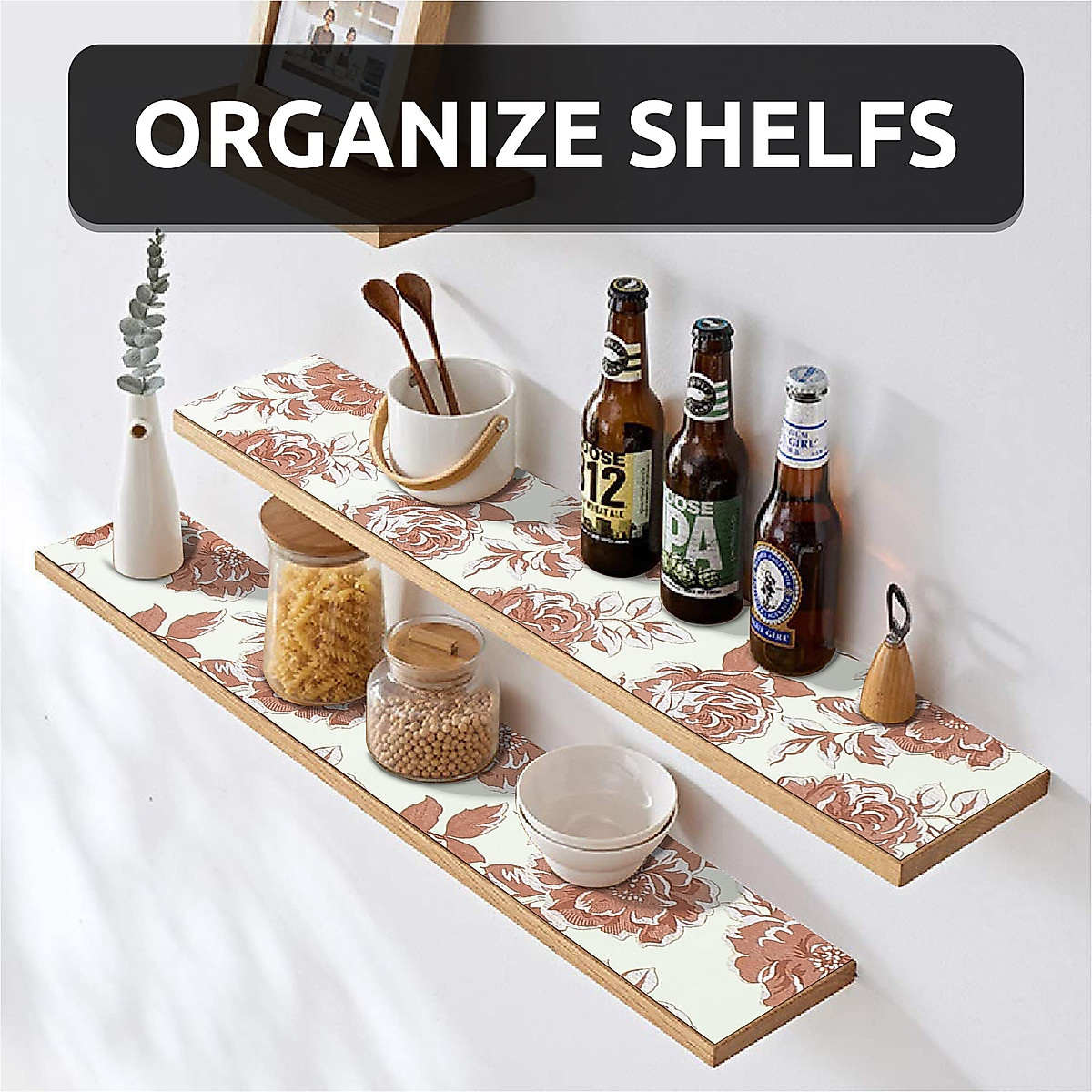 FIFTY FEET 12X120 Inch Shelf Liner for Kitchen Cabinets, PVC Drawer Liner for Dresser Non-Slip Bathroom, Non-Adhesive Cabinet Liner Washable (Red Flower)(1 Roll)