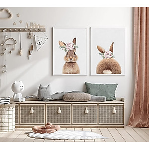 Joocrise Bunny Rabbit Wall Art Baby Girl Nursery Wall Art UNFRAMED, Nursery Canvas Prints Bunny Pictures for Nursery Room Decor Nursery Artwork Baby Woodland Animal Pictures 16x24 Inch, Set of 2
