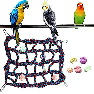Bird Hemp Rope Net Swing Toy Parrot Perch Climbing Ladder Hanging Hammock with 10 Random Lava Block Stone Small Animal Cage Accessories for Cockatiel Budgie Lovebirds Canaries