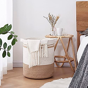 OIAHOMY Laundry Basket- Rope Basket Large Storage Basket with Handles,Modern Decorative Woven Basket for Living Room,Storage Baskets for Toys, Throws, Pillows,and Towels -18"×16"-White&Yellow