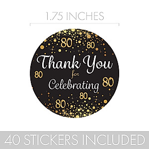 Black and Gold 80th Birthday Party Thank You Stickers - 1.75 in - 40 Labels