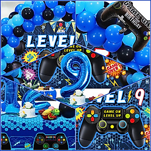 Vlipoeasn 90PCS 9th Birthday Video Game Party Decorations for Boys Set Blue 9th Birthday Supplies -9th Video Game Backdrop, Balloons, Tablecloth, Gamer and 9 Foil Balloons for 9th Birthday Party