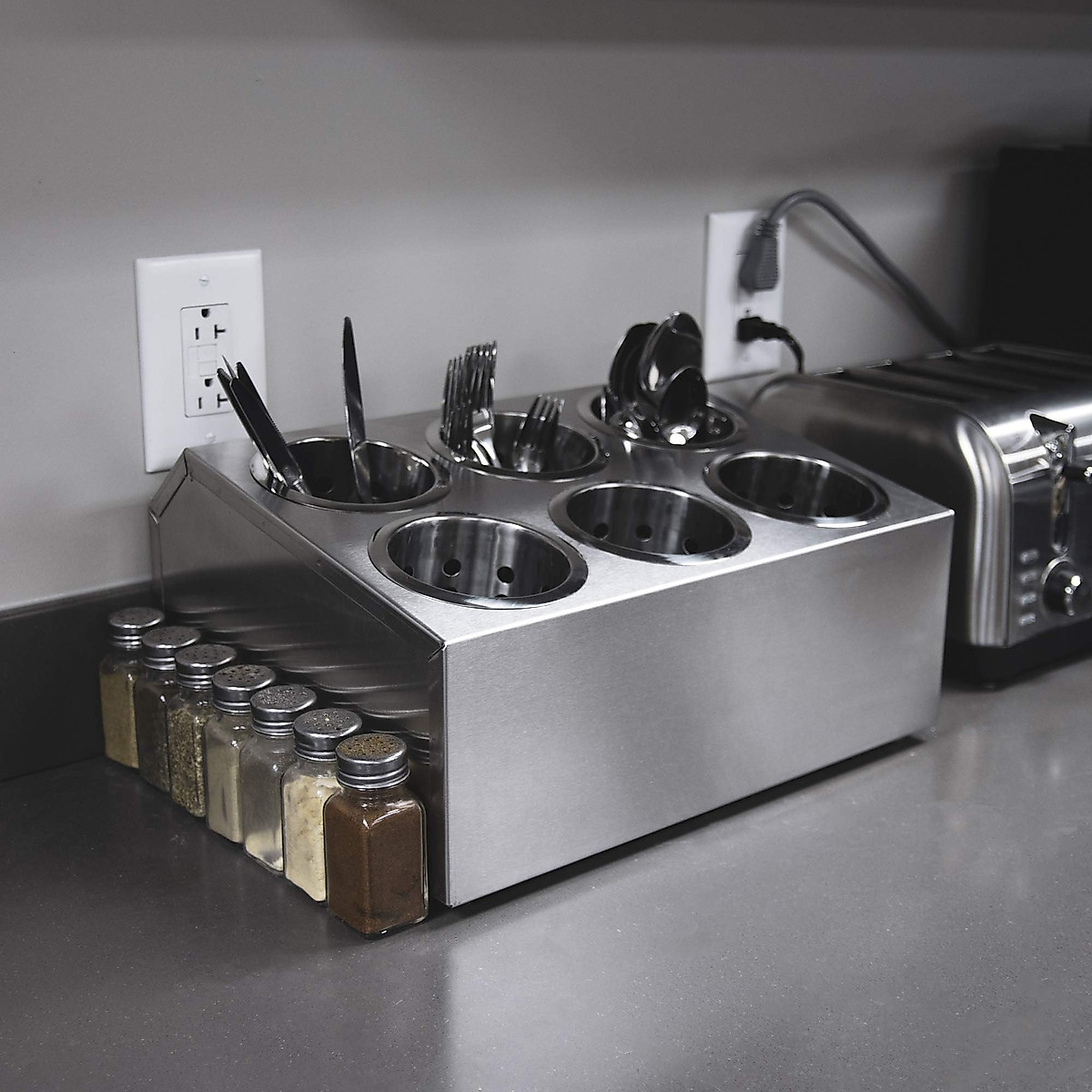 Stainless Steel 6-Compartment Utensil Holder (6 Inserts Included) - Flatware Cylinder Storage Caddy & Cups for Kitchen, Bars, Coffee Shops, Restaurants, & Hotels - Drying Rack for Silverware