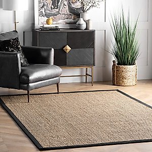 nuLOOM 8 Square Elijah Seagrass Area Rug, Black, Solid Farmhouse Style, Cotton Bordered, Basketweave, Natural Fiber, For Bedroom, Dining Room, Living Room, Hallway, Office, Kitchen, Entryway