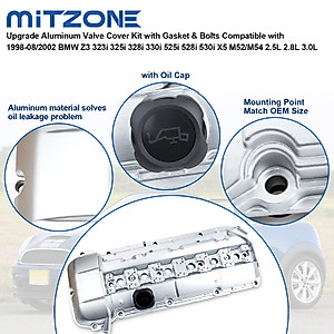 MITZONE Upgrade Aluminum Valve Cover Kit Compatible with 1998-08/2002 BMW Z3 323i 325i 328i 330i 525i 528i 530i X5 M52 M54 2.5L 2.8L 3.0L Part 11121432928