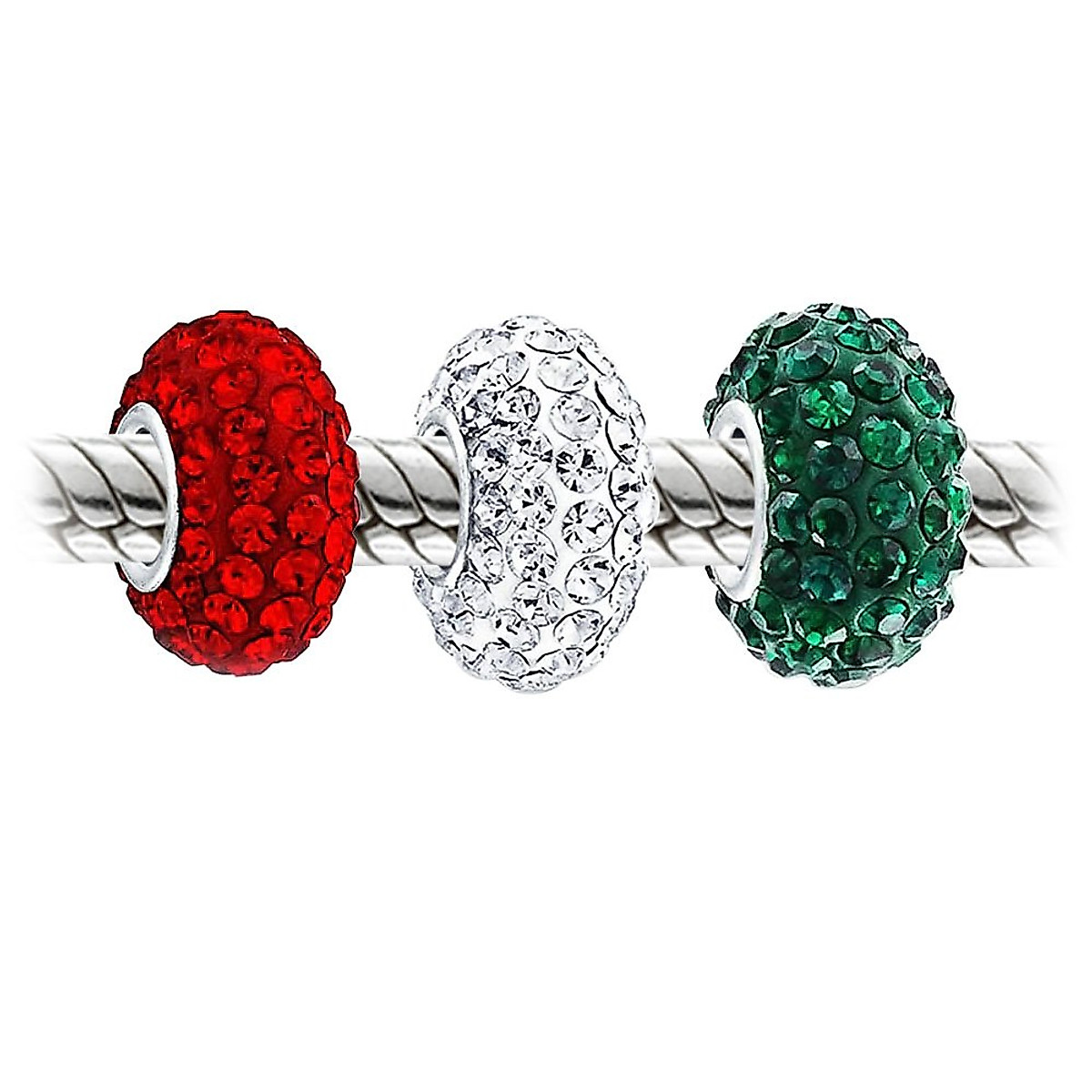 Bling Jewelry Christmas Holiday Solid Color Sparkle Red White Green Crystal Mix Bundle Set Of Three .925 Sterling Silver Charm Bead Fits European Charm Bracelet For Women Teens