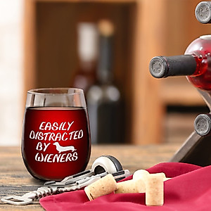 Cuptify Easily Distracted by Wieners Etched on 17 oz Stemless Wine Glass Funny Dachshund Gift for Women, Men Wiener Dog Lovers