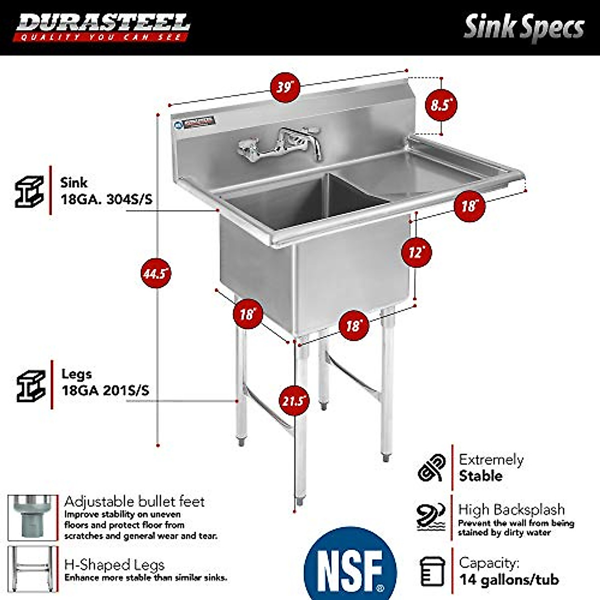 Stainless Steel Kitchen Sink with Faucet - DuraSteel 1 Compartment Commercial Utility Sink w/Right Drainboards - 18" x 18" x 12" Bowl Size - for Restaurant, Laundry, Garage & Backyard - NSF Certified