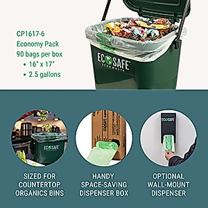 EcoSafe-6400 CP1617-6 Certified Compostable Bag - 16x17” Green Bags for 2.5 Gallon Bin - Extra Strong Leak, Puncture and Tear Resistant Food Scraps Bin Liners, Pack of 90