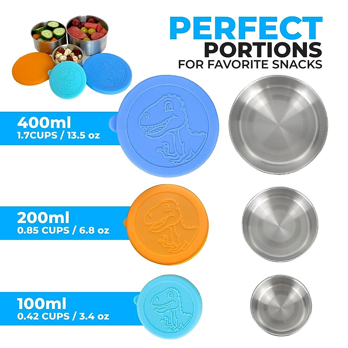 Dinosaur Stainless Steel Snack Containers for Kids Toddlers, Lunch Box Cups for Boys, Reusable Metal Holder Cup with No-Spill Silicone Lids, Food Storage for Daycare School Travel Snacks 3 pack Blue