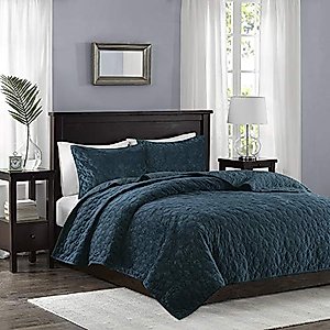 Madison Park Harper Quilt Set-Faux Velvet Casual Geometric Stitching Design All Season, Lightweight Coverlet, Cozy Bedding, Matching Shams, King/Cal King(104"x94"), Teal 3 Piece