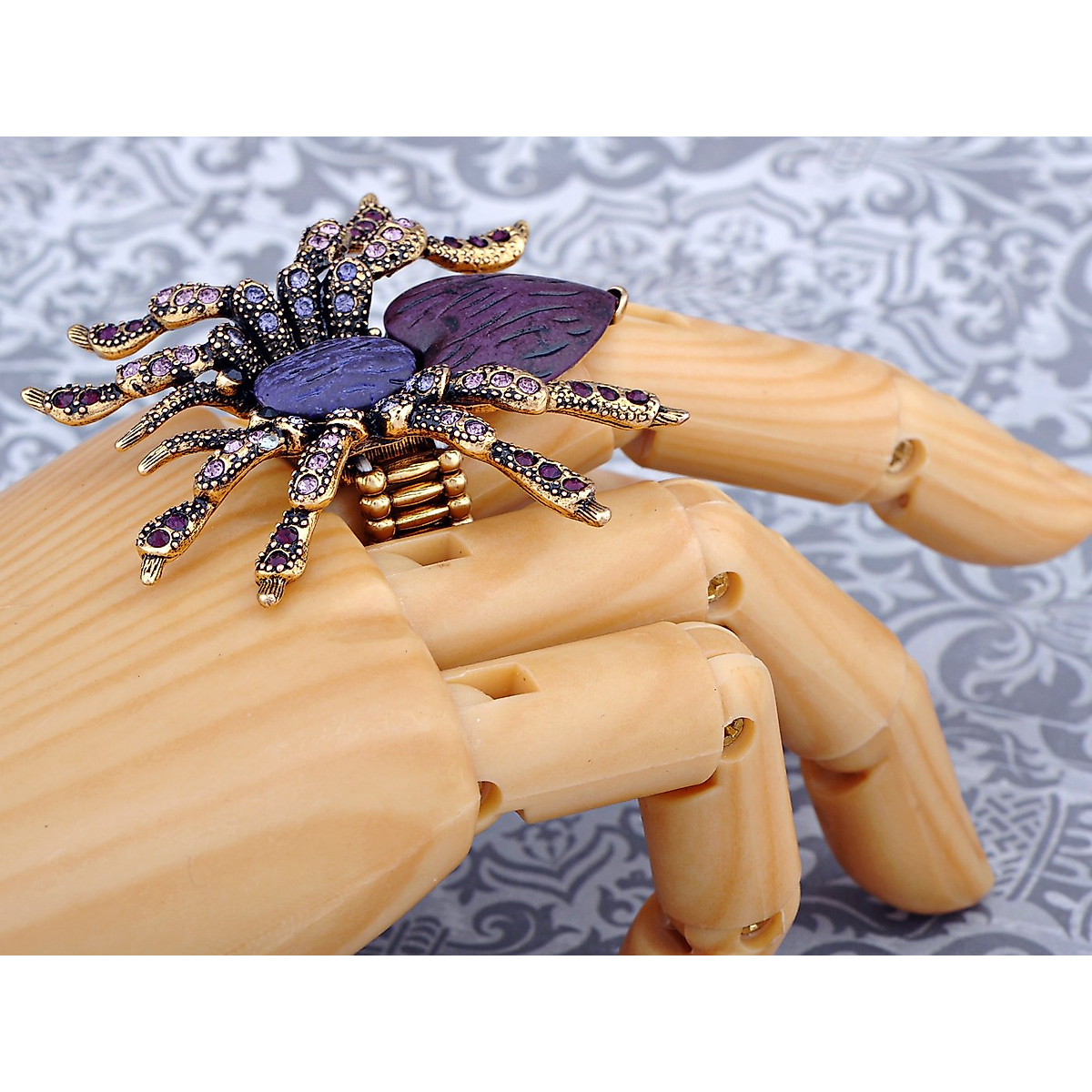 Alilang Stretchy Golden Tone Purple Rhinestones Heart Spider Tarantula Ring