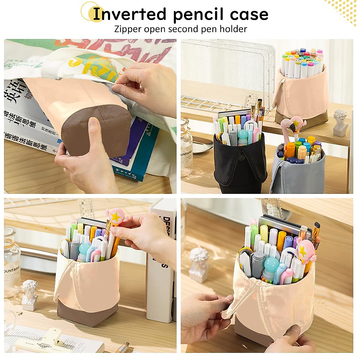 iSuperb Standing Pencil Case Large Pencil Pouch Pen Holder Makeup Cosmetics Bag for Women Office (Beige)