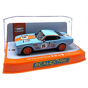 Scalextric Aston Martin V8 Gulf #19 Rikki Cann Racing 1:32 Slot Race Car C4209, Light Blue & Orange