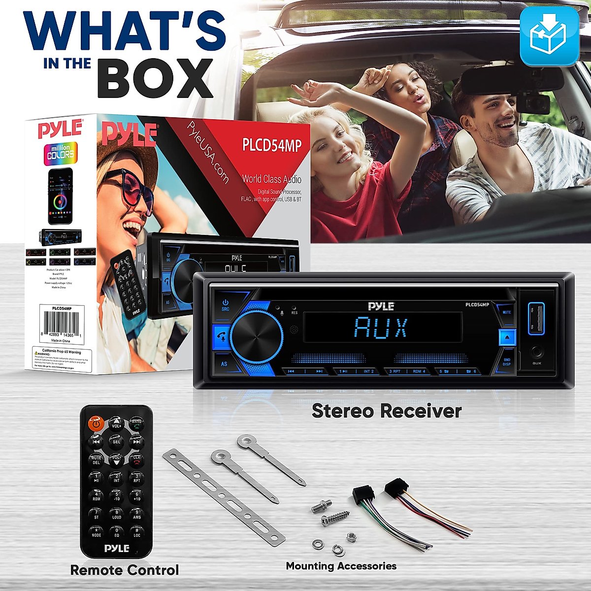 Pyle MP3 Stereo Receiver Power Amplifier, AM/FM/MP3/AUX Stereo Receiver, USB Flash Readers, Single DIN, 30 Preset Memory Stations, LCD Display with Remote Control, RGB Button