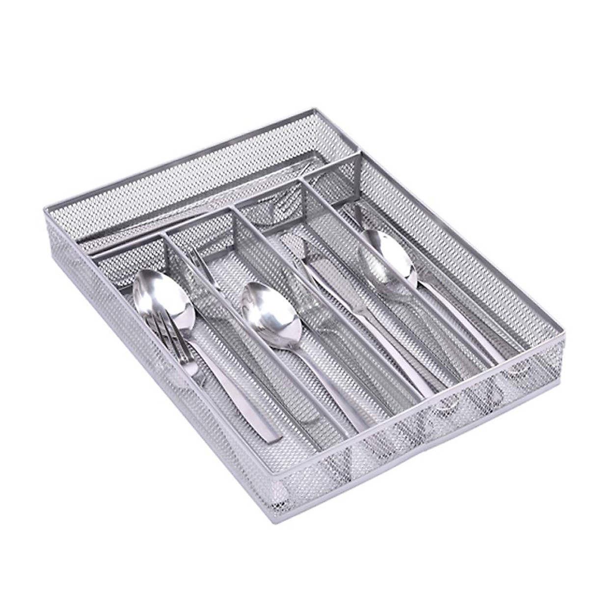 Flatware Organizers 5 Compartments, Metal Mesh Kitchen Utensil Drawer Cutlery Tray with 4 Foam Feet, Silver