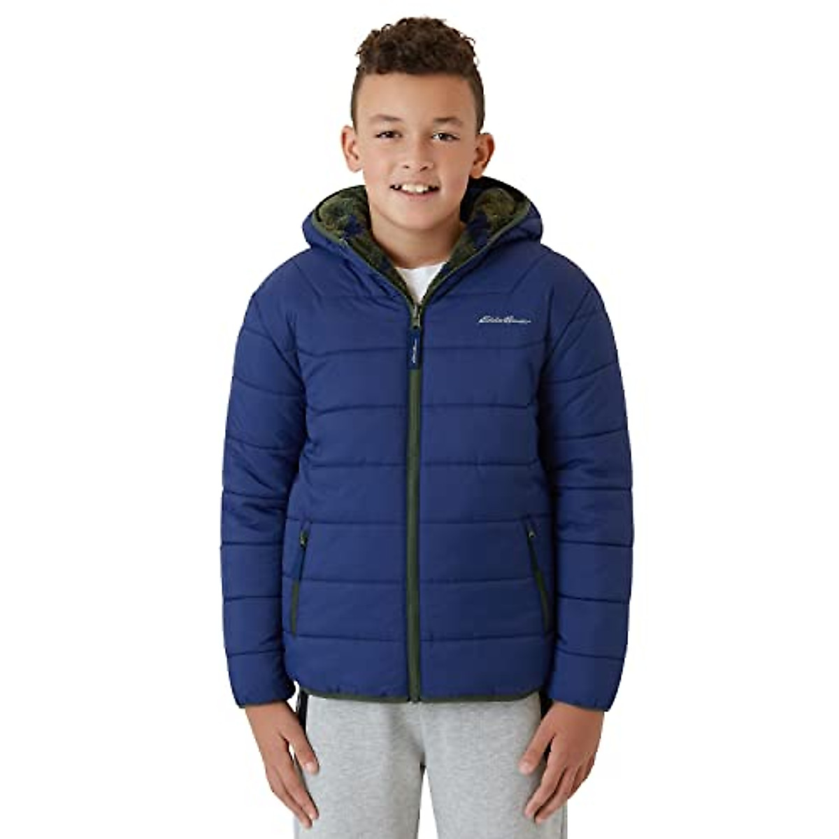 Eddie Bauer Boys' Reversible Jacket - Deer Harbor Waterproof Lightweight Puffer Coat with Faux Shearling Lining (5-20), Size 18-20, Navy