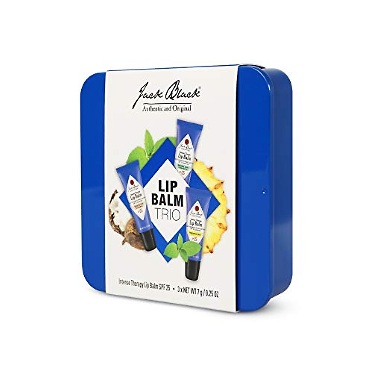 Jack Black Intense Therapy Lip Balm Trio with SPF Sunscreen 25 - Shea Butter & Vitamin E, Natural Mint & Shea Butter, Pineapple Mint - Set of 3 in Tin, 0.25 oz.