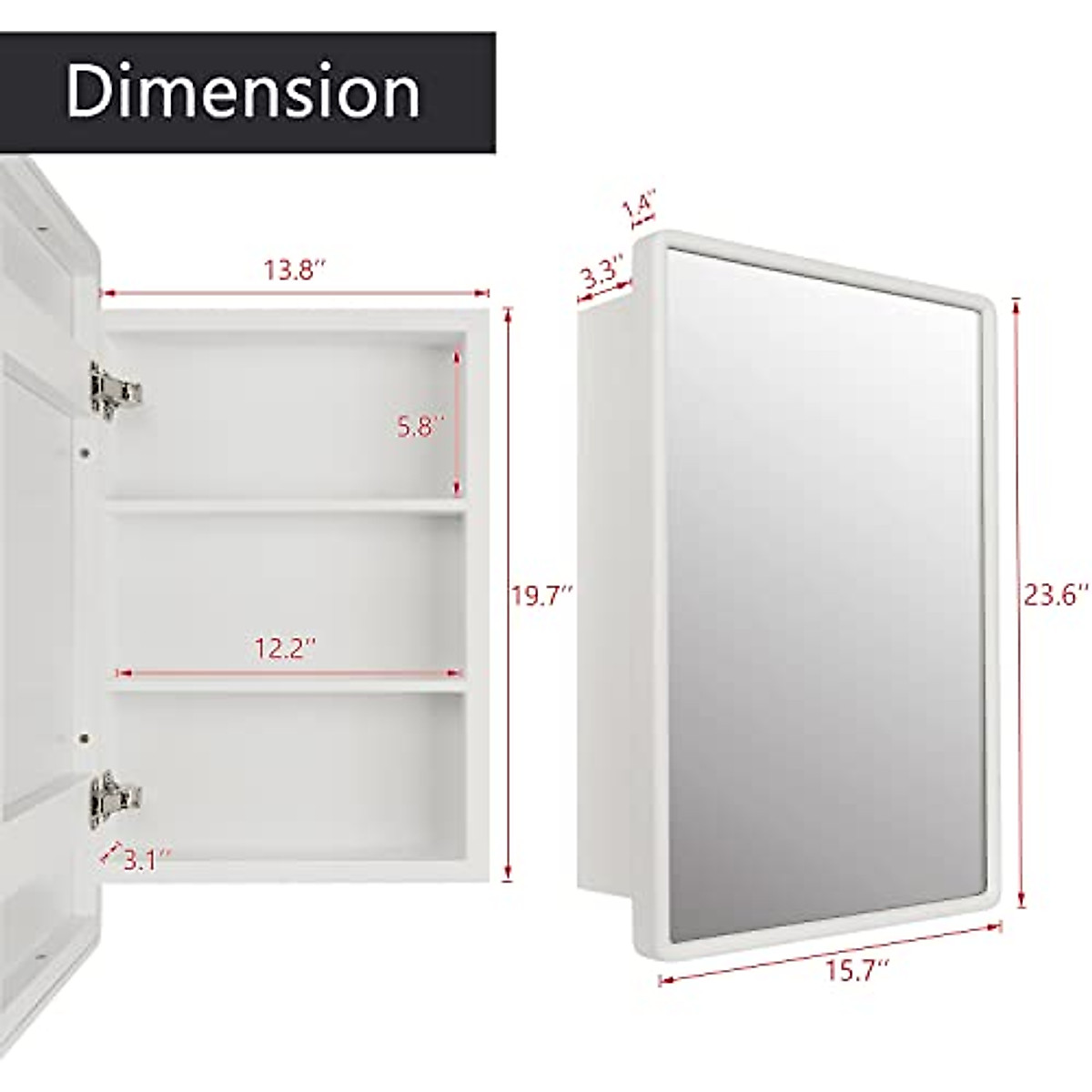 16'' W 24'' H Wood Framed Medicine Cabinet Organizer with Mirror Surface Mounting or in-Wall Installation (White)