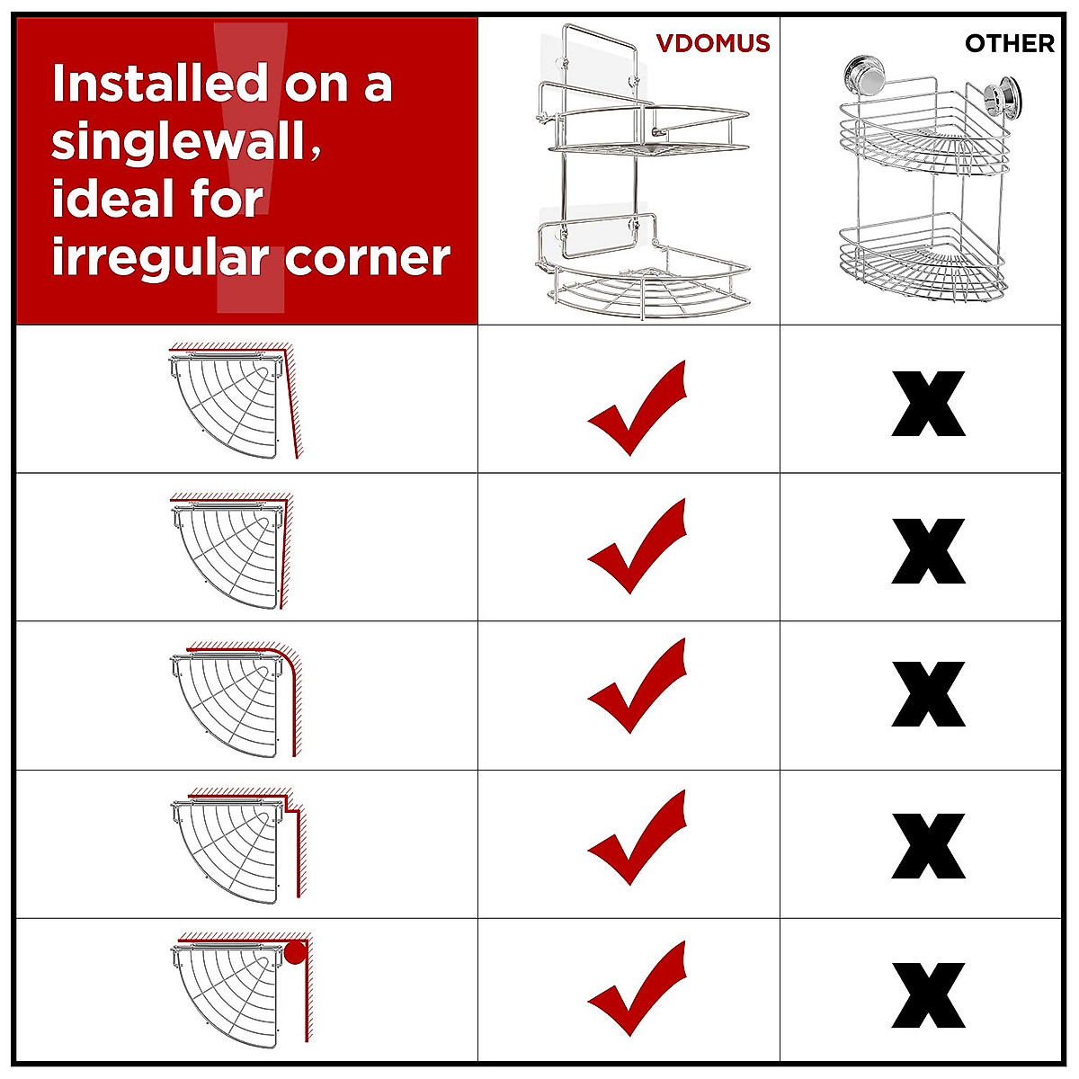 Vdomus pot rack ceiling mount cookware rack hanging hanger organizer with hooks (33 x 17 Inch) and Strong Shower Caddy 2 Tier Bathroom Corner Shelf Organizer Polished Chrome- No Drilling Needed Basket