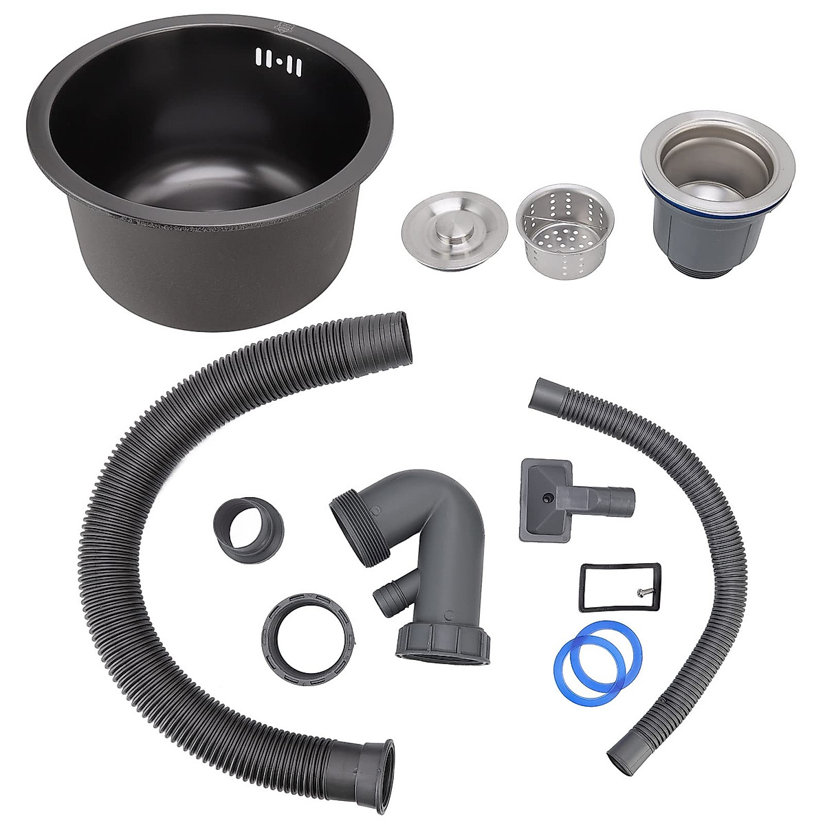 Kitchen Sink Undermount Stainless Steel Single Bowl, Mini Round Kitchen Sink Bar Round Basin Wet Bar Sink with Strainer & Bottom Grid(Black)