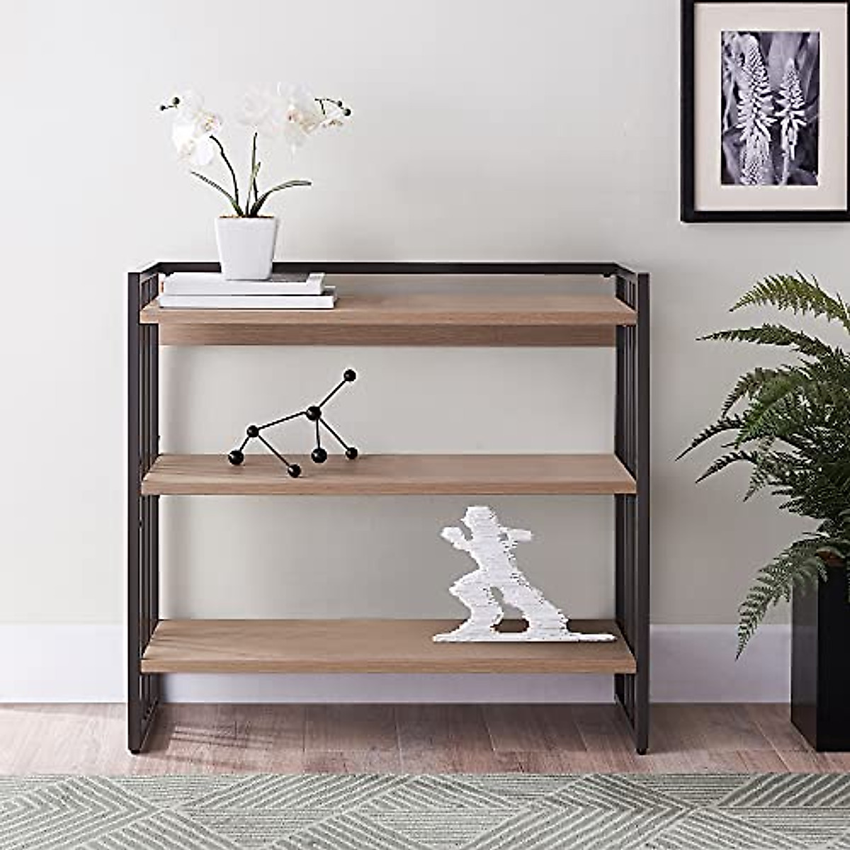 Leick Home 70008-WOGM Mixed Metal and Wood Slatted Bookshelf, White Oak/Gunmetal Gray