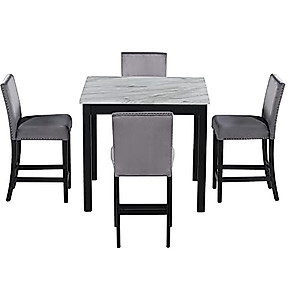 Dining Table Set of 5, Kitchen Chairs Table Set with 1 Faux Marble Dining Rectangular Table & 4 Velvet Upholstered-Seat Dining Chairs, Counter Height Chairs Table Set for Dinette Living Room, Gray