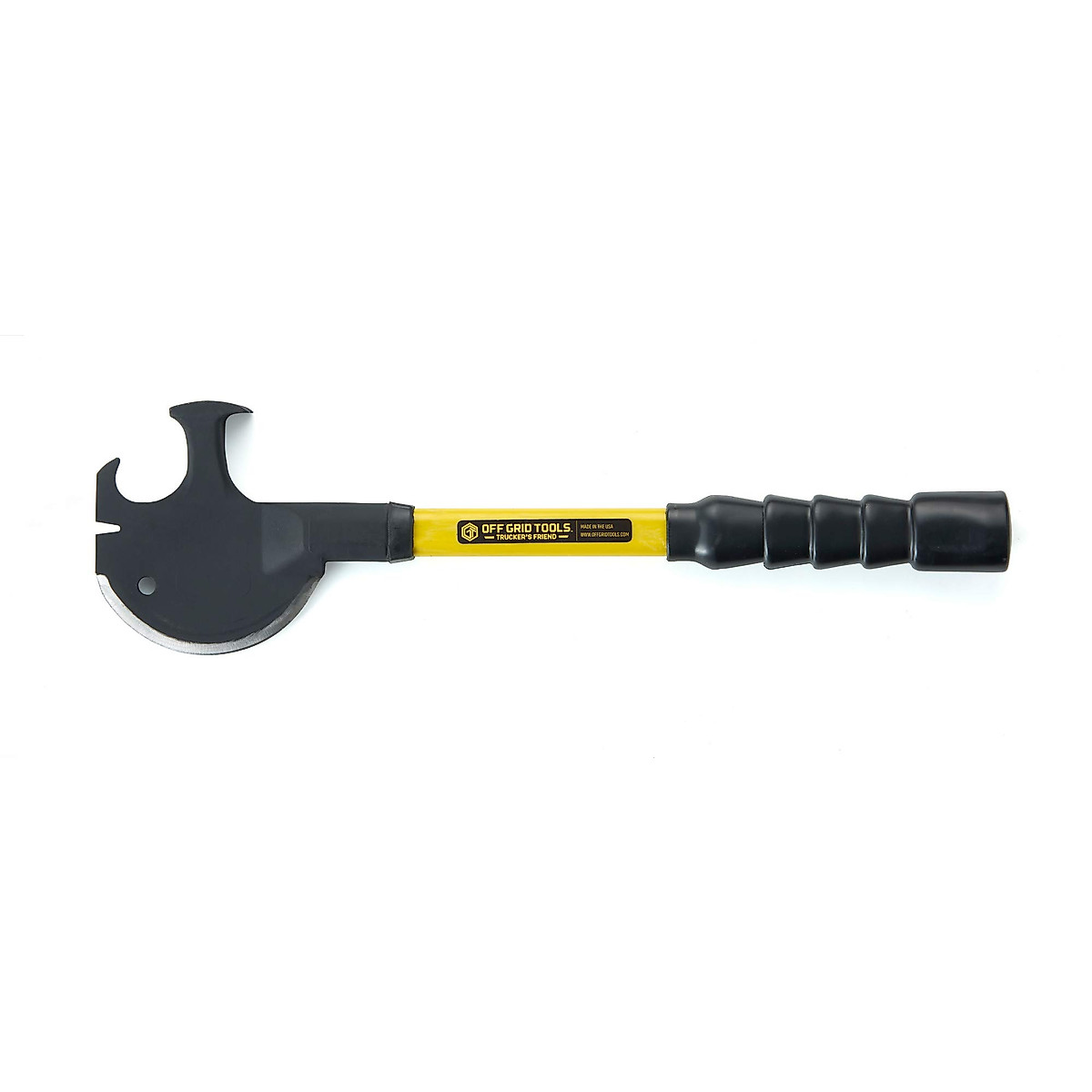 Off Grid Tools Pro Trucker’s Friend – Yellow, Carbon Steel Blade, Shock Absorbing Grip, All-Purpose Multitool, Made in USA, Curved Axe Head, Hammer, Pry Bar, Nail Puller