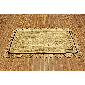 Casavani Scalloped Collection Rectangular Area Trend Rug - 4' x 6', Beige and Yellow, Braided Jute Rug With Scallop Design Ideal for High Traffic Areas in Entryway, Living Room, Bedroom